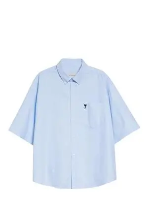 Ami De Coeur Embroidered Boxy Cotton Poplin Button-up Shirt - Bleu Ciel