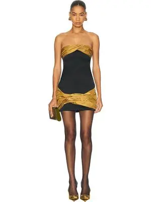 Burc Akyol Taffetas Draped Mini Dress - Black & Brass