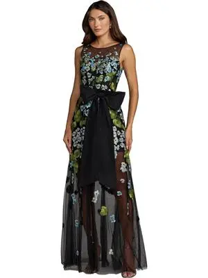 Mac Duggal Floral Embroidered Corset Gown With Bow - Blue Multi