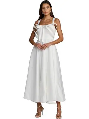 Mac Duggal Satin A-line Midi Dress With Bow Detail - White