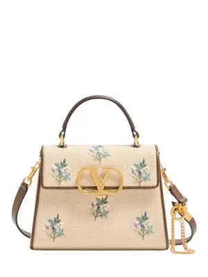 Valentino Garavani Vsling Small Embroidered Linen Handbag - Natural/multicolour