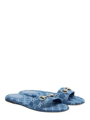 Gucci Horsebit Gg Denim Slides - Blue