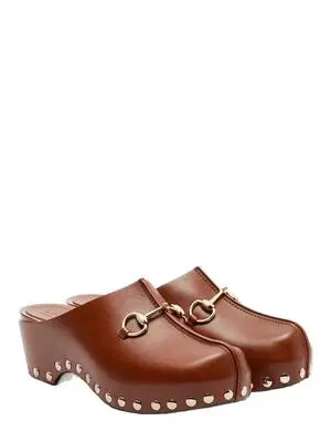 Gucci Horsebit Studded Leather Platform Clogs - Brown