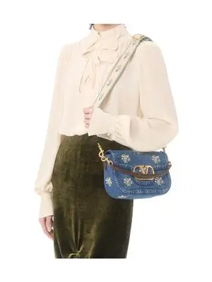 Valentino Garavani Alltime Medium Embroidered Shoulder Bag With Ribbon Strap - Denim