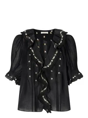 DÔEN Hettie Lace-trimmed Embroidered Organic Cotton-voile Blouse - Black