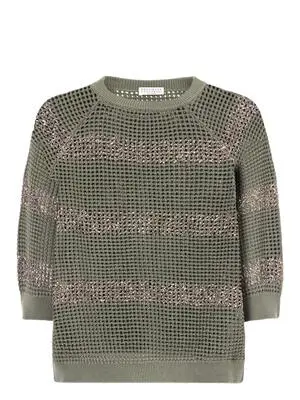 Brunello Cucinelli Sequin-embellished Striped Open-knit Cotton Sweater - Army Green