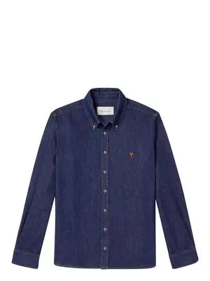 Ami AMI PARIS - Button-Down Collar Logo-Embroidered Denim Shirt - Men - Blue - M Blue