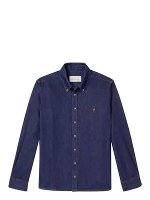 Ami Button-down Collar Logo-embroidered Denim Shirt - Indigo
