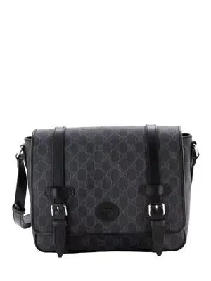 Gucci Interlocking G Patch Messenger Bag Gg Coated Canvas With Leather Medium - Black