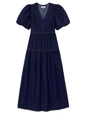 RO&ZO V-neck Puff-sleeve Denim Maxi Dress - Blue
