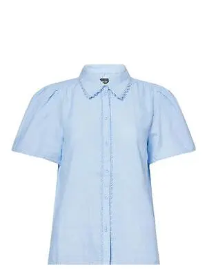 ME+EM Puff-sleeve Cheesecloth Cotton Blouse - Cloud Chambray Blue