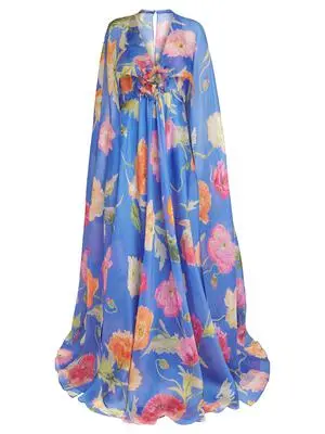 Carolina Herrera Floral Cape Gown - Blue