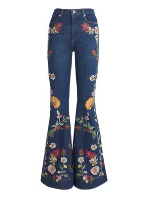 Alice + Olivia Embroidered Bootcut Jeans - Navy