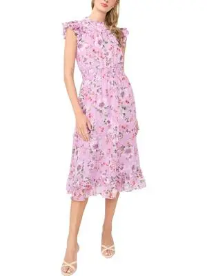 CECE DUPRAZ Floral Print Smocked Midi Dress - Fair Orchid