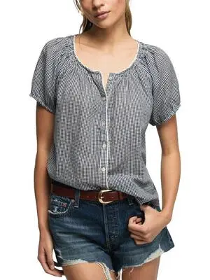 Lucky Brand Flowy Raglan Sleeve Top - Navy Gingham