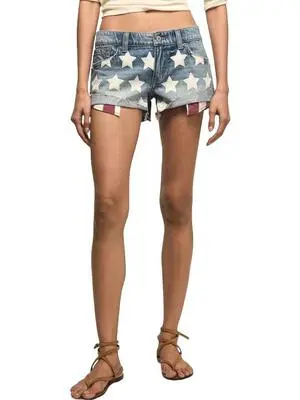 Lucky Brand Festival Star Print Denim Cutoff Shorts - New Americana Wash