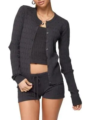 EDIKTED Cable Knit Crewneck Cardigan - Dark-gray