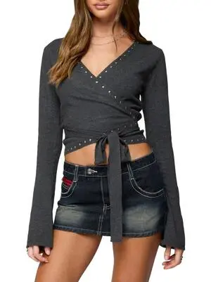 EDIKTED Studded Wrap Knit Top - Dark Gray Melange