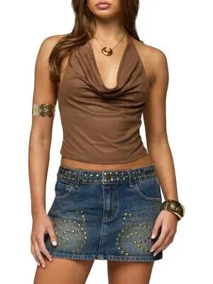 EDIKTED Faux Suede Halter Crop Top - Brown