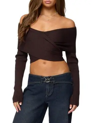 EDIKTED Off-the-shoulder Wrap Sweater - Brown