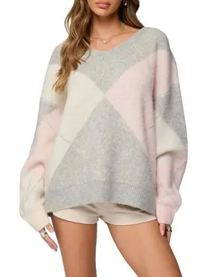 EDIKTED Oversized Argyle Pattern Sweater - Light-gray-melange