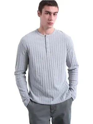 Topman Long Sleeve Ribbed Henley - Grey