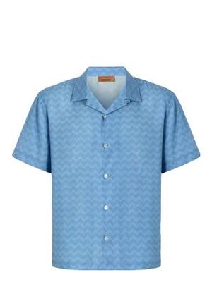 UM Bowling Shirt In Viscose With Tone-on-tone Zigzag Print Light Blue