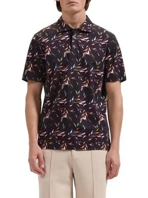 Bugatchi Hendrix Leaf Print Pima Cotton Polo - Black