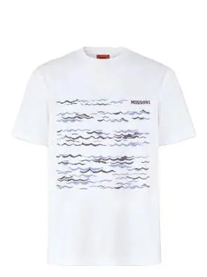 UM Crew-neck Cotton T-shirt With Wave Print And Logo - White & Blue