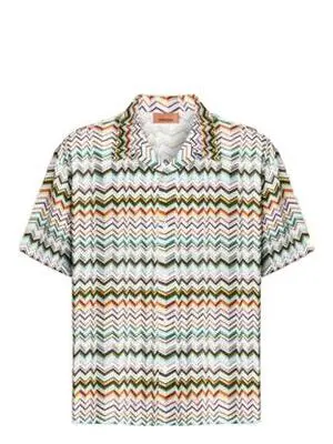 UM Bowling Shirt In Viscose With Irregular Zigzag Print - Brown Multi