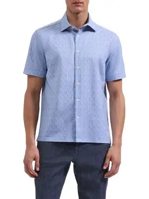 Bugatchi Milo Ooohcotton® Leaf Print Short Sleeve Button-up Shirt Iris