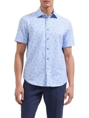Bugatchi Miles Ooohcotton® Abstract Print Short Sleeve Button-up Shirt - Iris