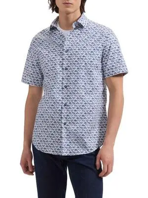 Bugatchi Orson Flamingo Print Short Sleeve Stretch Cotton Button-up Shirt - Navy