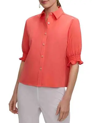 Foxcroft Vivienne Elbow Sleeve Matte Sateen Button-up Shirt - Georgia Peach Orange