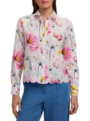 Foxcroft Floral Scallop Hem Button-up Shirt - Pink/multi