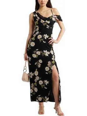 OPEN EDIT Asymmetric Chiffon Dress Black- Pink Iris Floral