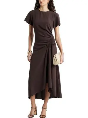 Nordstrom Split Sleeve Side Smocked Midi Dress - Brown Coffee