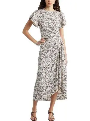 Nordstrom Split Sleeve Side Smocked Midi Dress - Ivory- Brown Textural