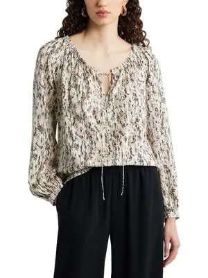 Nordstrom Gathered Tie Neck Blouse - Ivory- Brown Textural