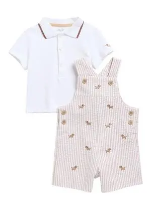LITTLE ME Puppy Polo & Embroidered Shortall Set - Tan