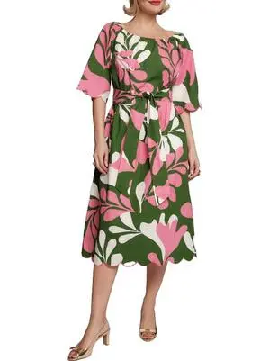 FRANCES VALENTINE Coco Midi Dress In Mid-century Palm Print - Treetop/multi