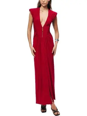 NOCTURNE Ruched Deep V-neck Maxi Dress - Red