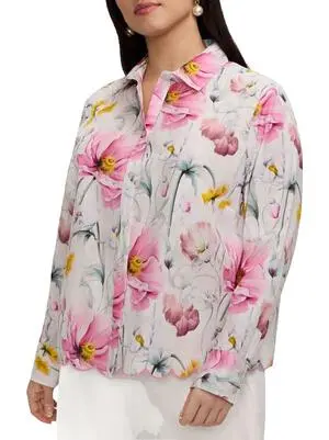 Foxcroft Floral Scallop Hem Cotton Button-up Shirt - Pink/multi