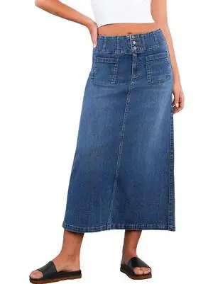 WASH LAB DENIM Norah Stretch Denim Maxi Skirt - Swift Blue