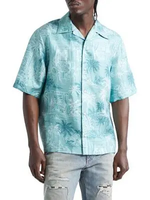 Amiri Chateau Sketch Silk Camp Shirt Ceramic Teal