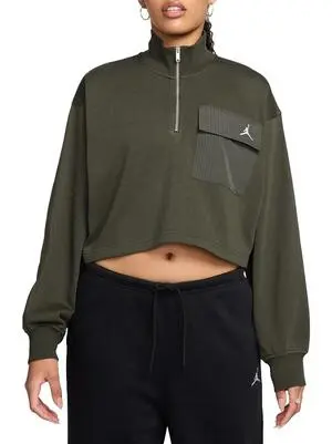 JORDAN Brooklyn Fleece Hike Crop Quarter Zip Top - Cargo Khaki/white