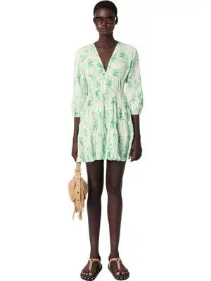 Maje Patterned Pleated Mini Dress - Green Floral Print Ecru Base