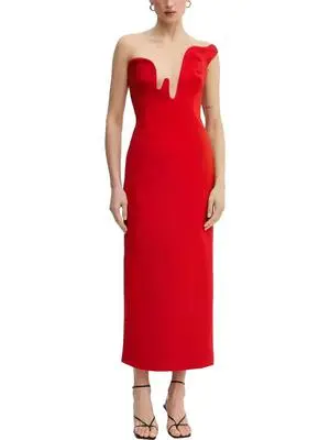 Bardot Rosalyn Strapless V-neck Midi Dress - Red