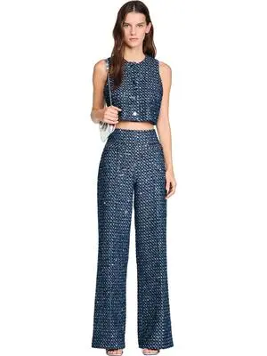 Sandro Sequin Embellished Cotton Trousers - Navy Blue