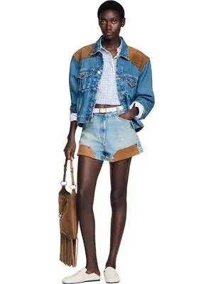 SANDRO Riveted Denim And Suede Shorts